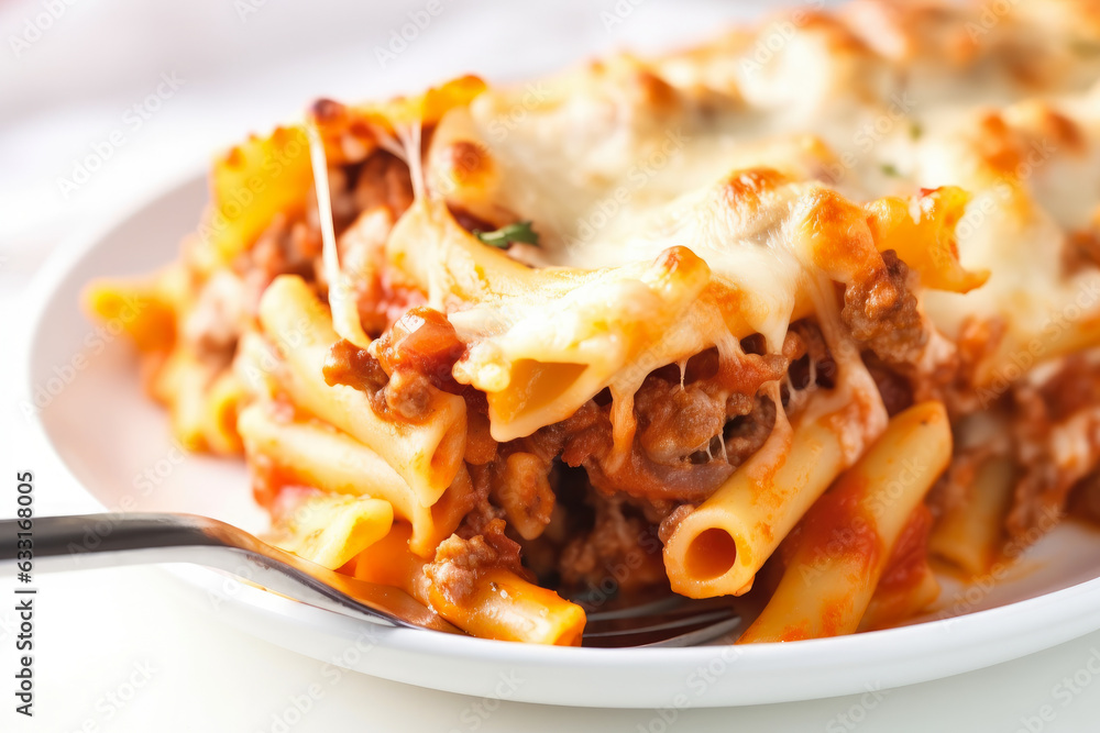 Baked ziti, a delicious Italian-American dish, is showcased in a close ...