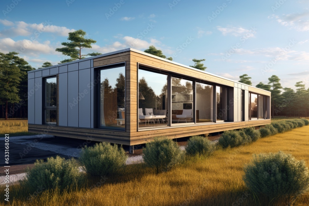 Modular houses with a single floor and expansive windows that offer ...