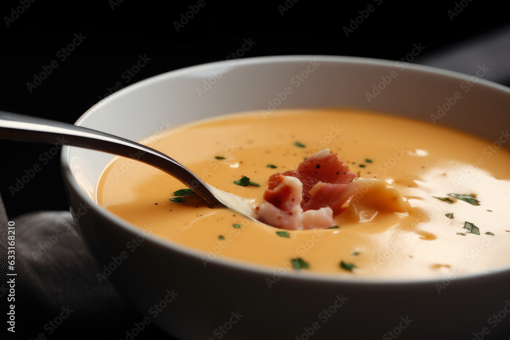 Lobster bisque soup with tender chunks of lobster meat, captured in a ...