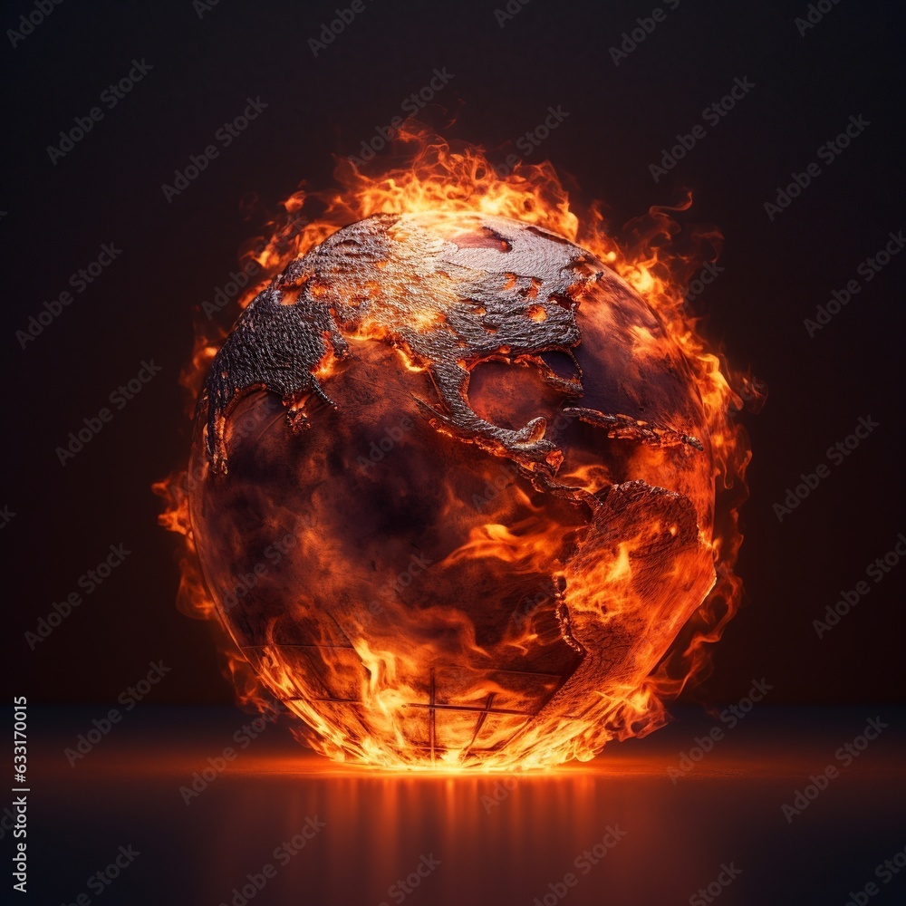 Isolate of the burning globe on a black background. The earth is on ...
