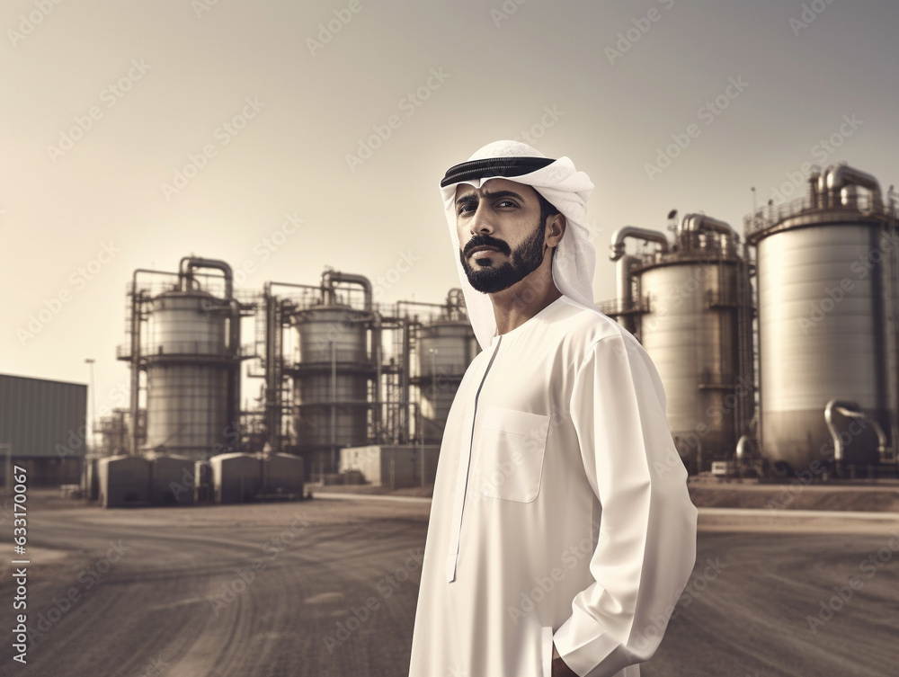 Accomplished Muslim Arab entrepreneur beside an oil pump, with an oil ...