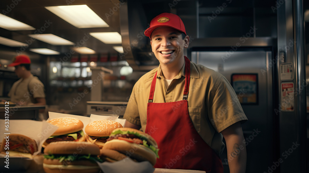 Happy Fast Food Worker in the Kitchen Posing Happily With Newly Made ...