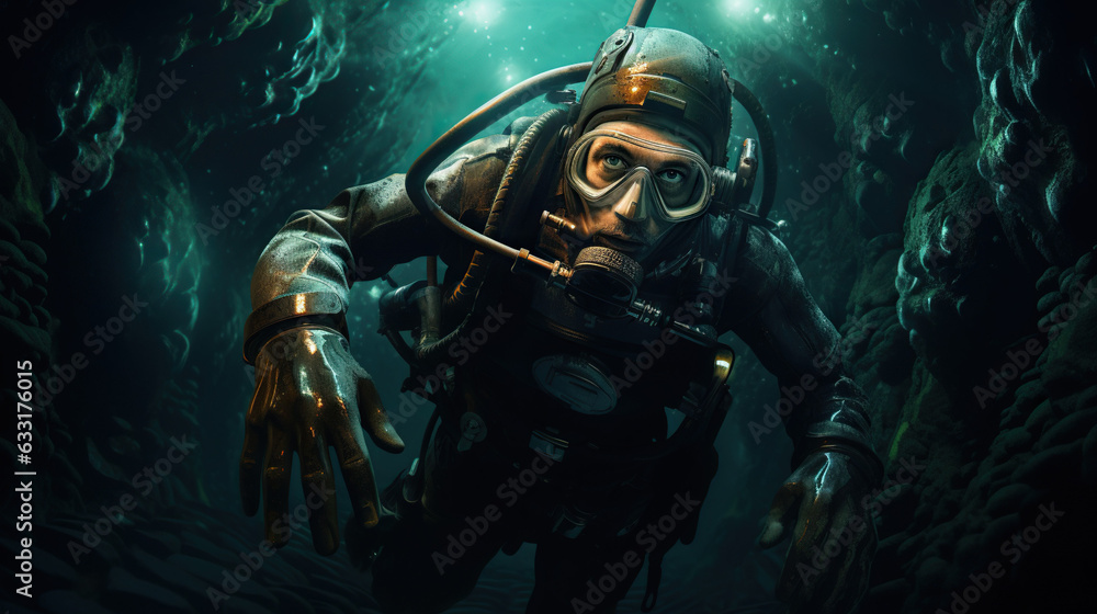 Scuba Diver in the Cave Exploring Deep Sea Spelunking. Air Bubbles and ...