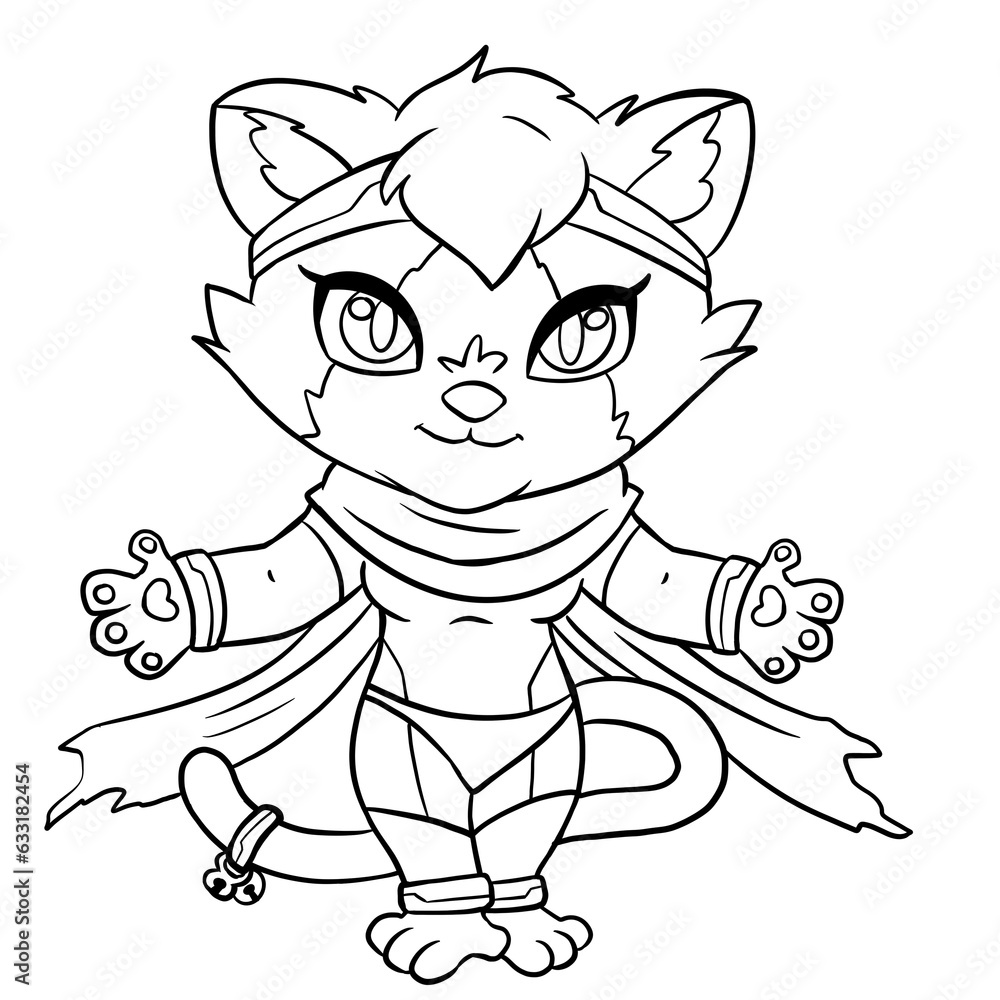 Cat superhero character coloring page for children and adults. Hand ...