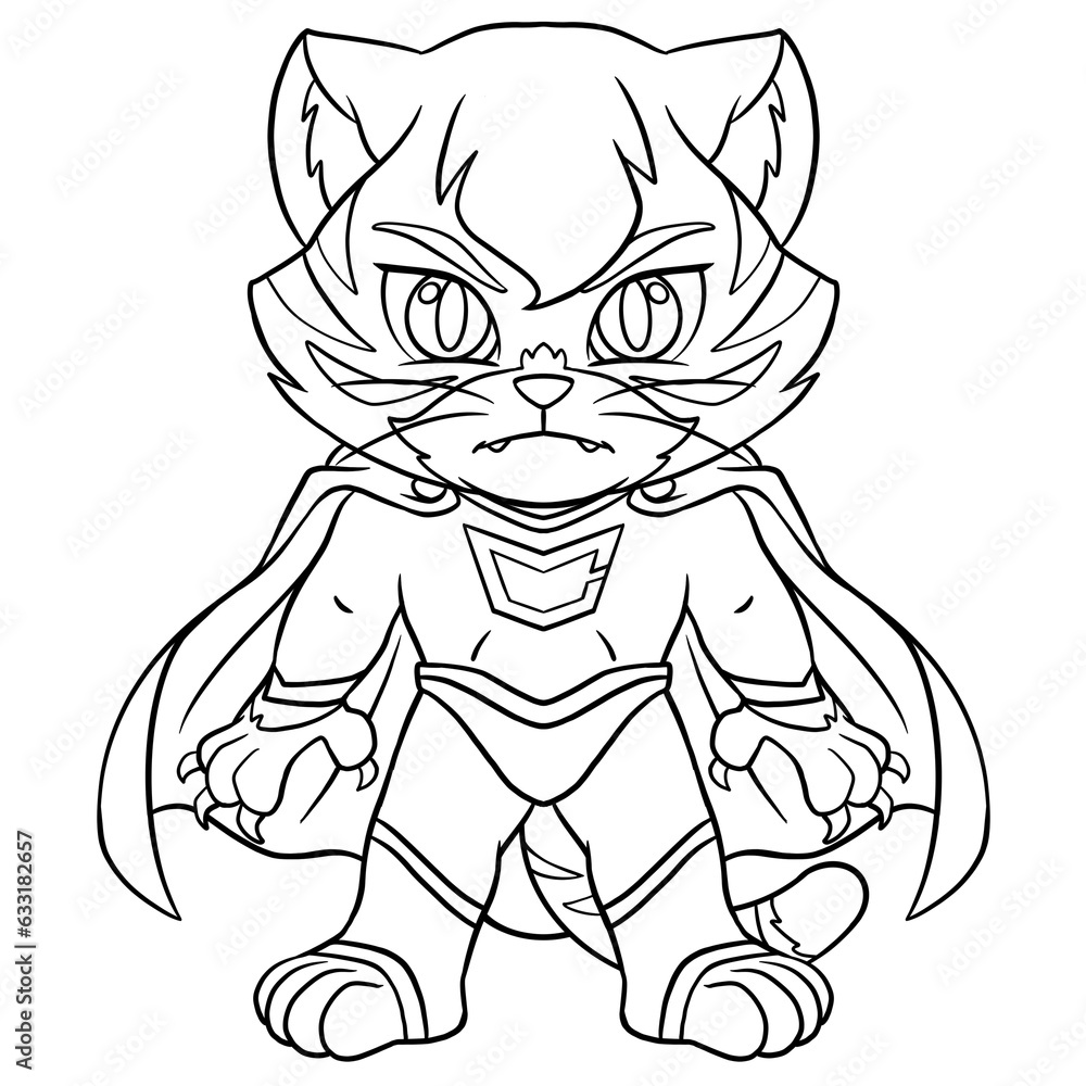 Cat superhero character coloring page for children and adults. Hand ...