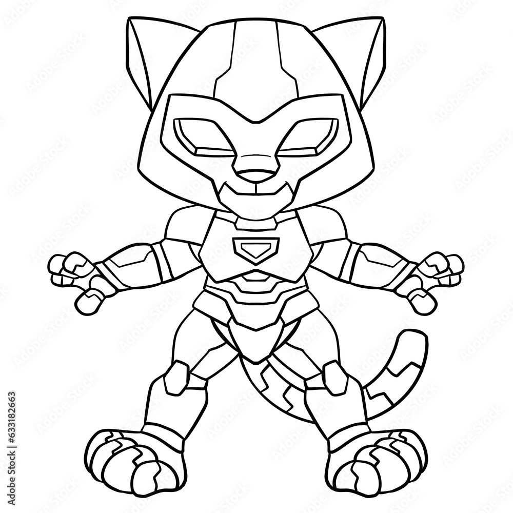 Cat robot character coloring page for children and adults. Hand drawing ...