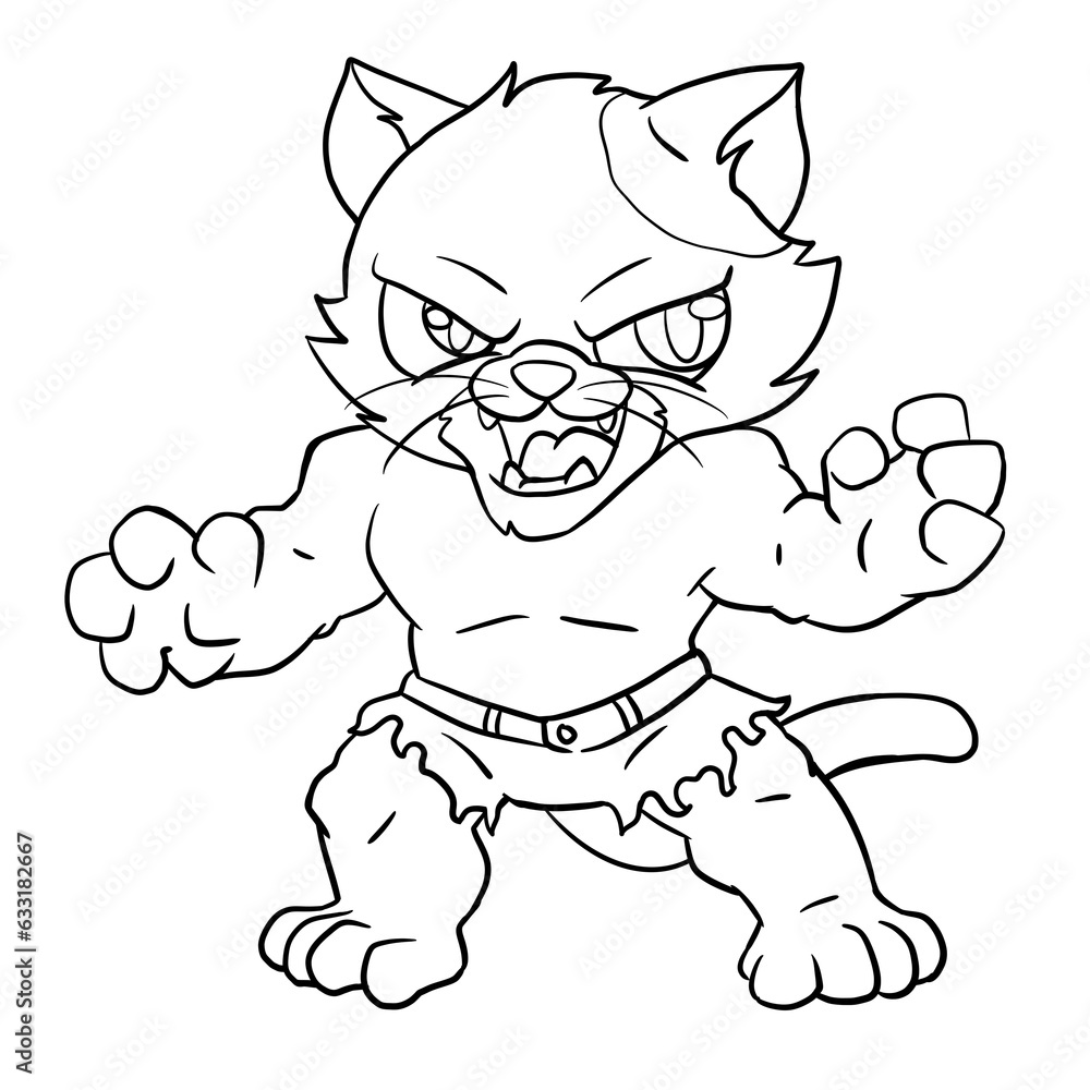 Cat villain character coloring page for children and adults. Hand ...