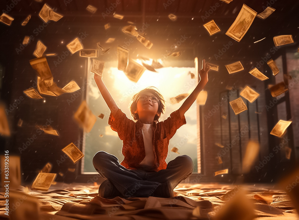 Portrait of illustration crazy man millionaire sitting on chair with ...