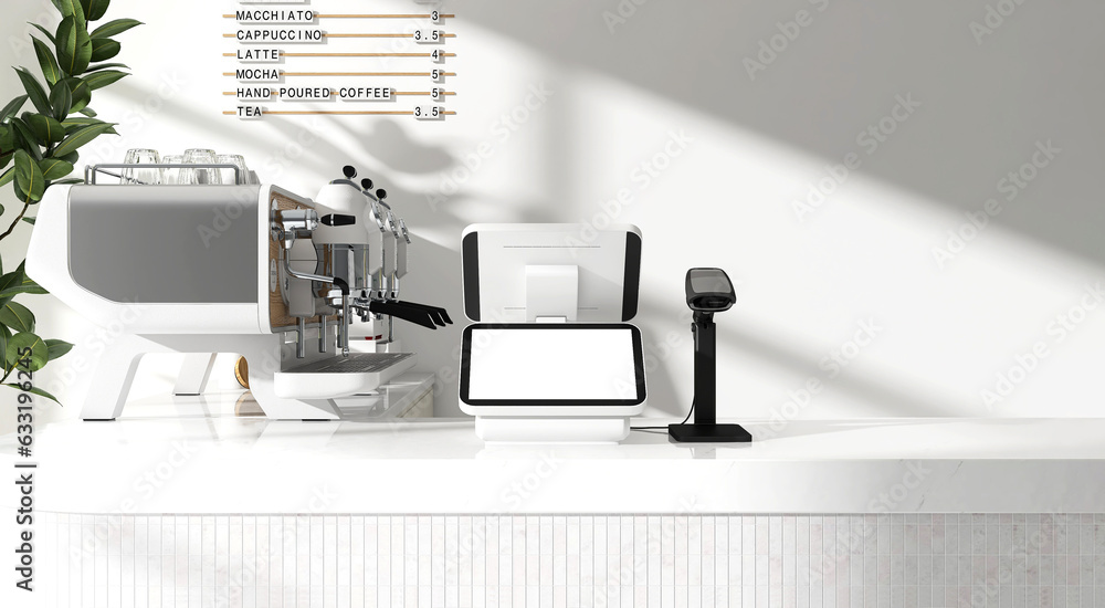 White modern design blank screen of digital cash register, barcode ...