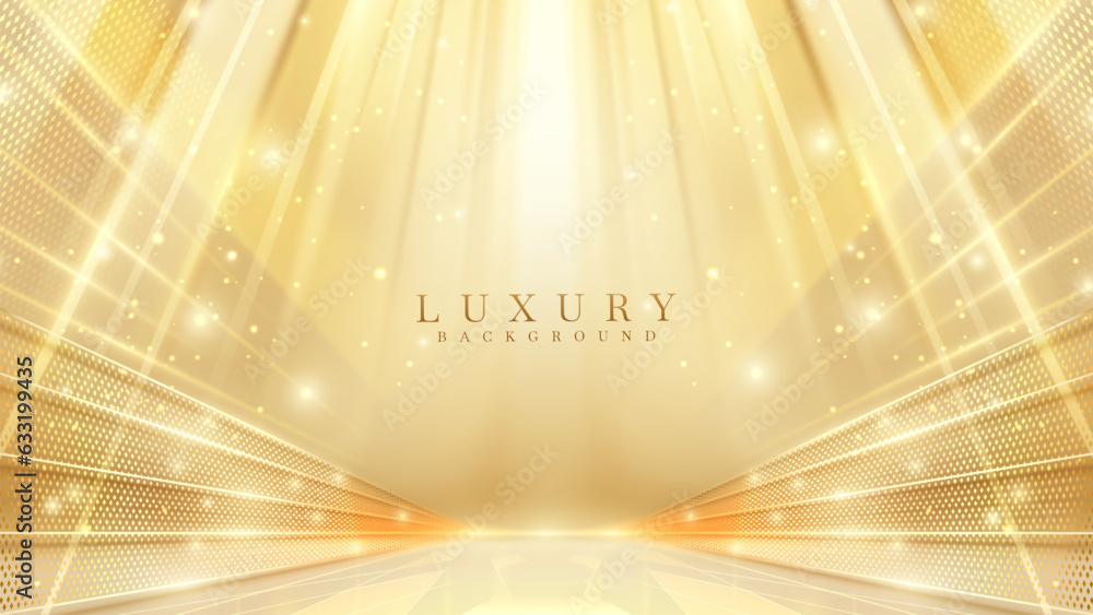 Gold stage scene with spotlight with beam effects decorations and bokeh ...