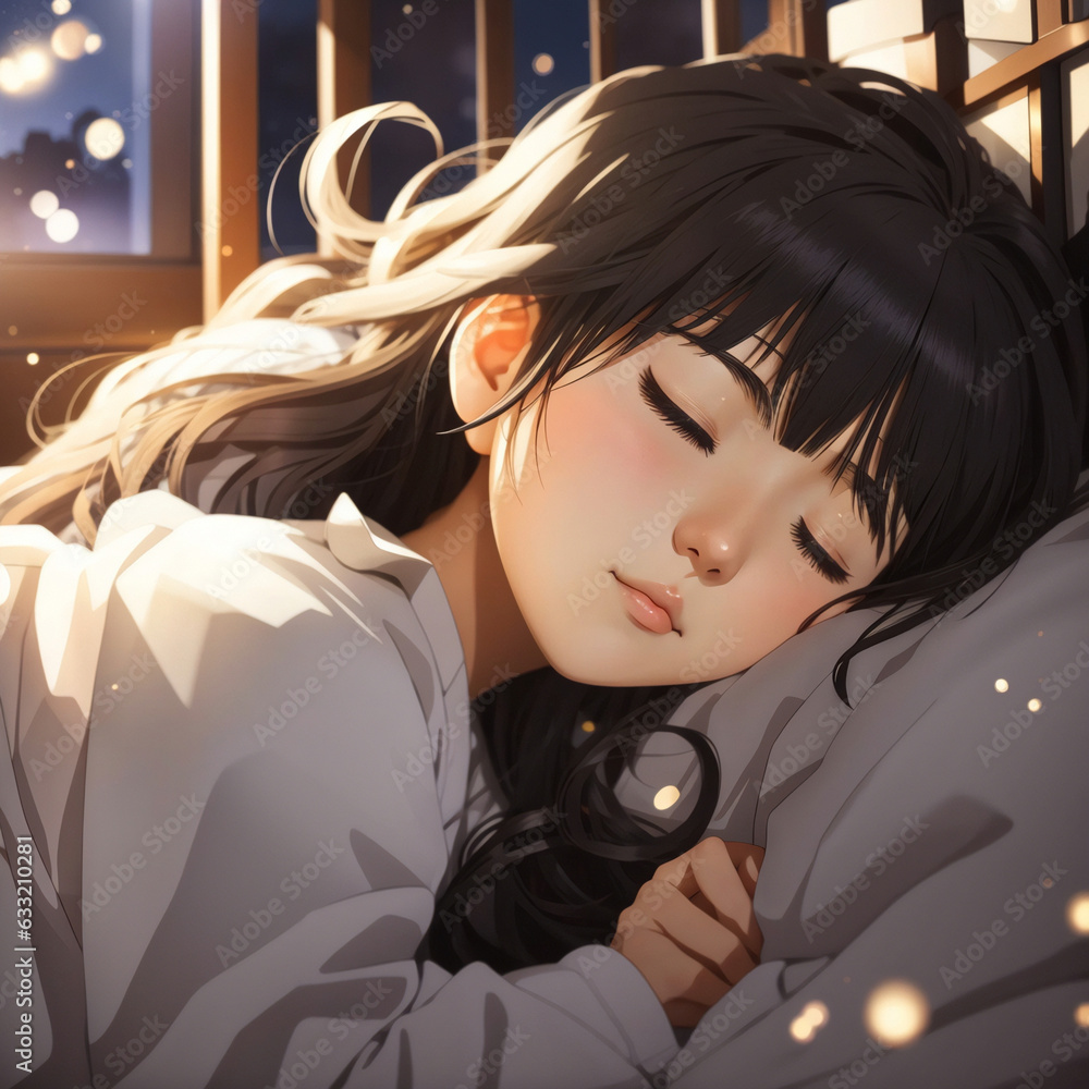 A beautiful anime Lo-fi girl chilling at night. Anime girl lying on bed ...
