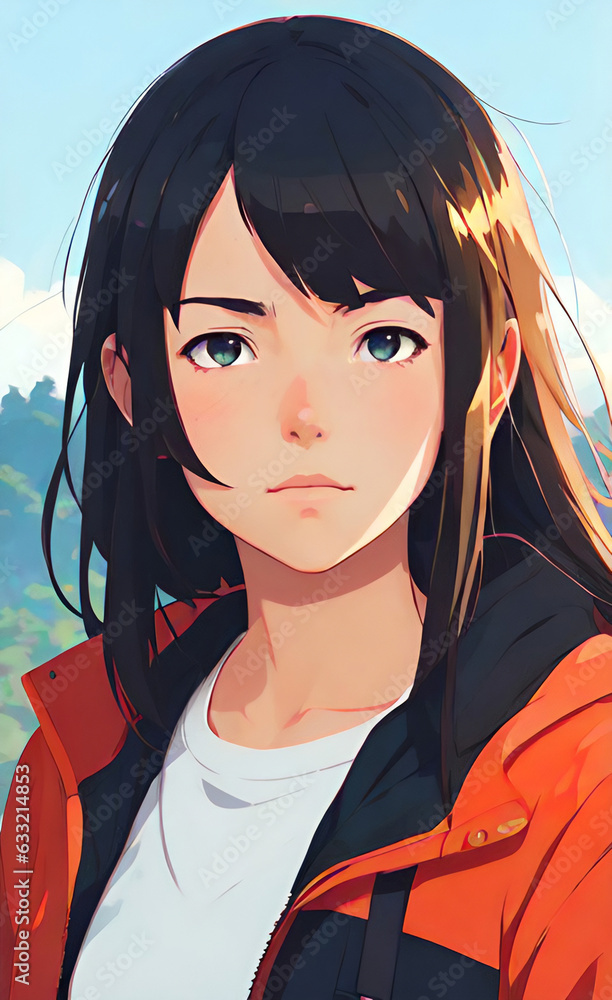 Anime poster. Kawaii winking school girl face with big eyes in manga ...