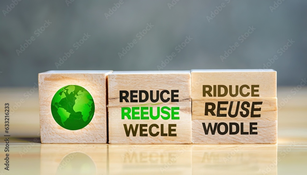 Words reduce reuse recycle on a wooden cube with a green world for ...