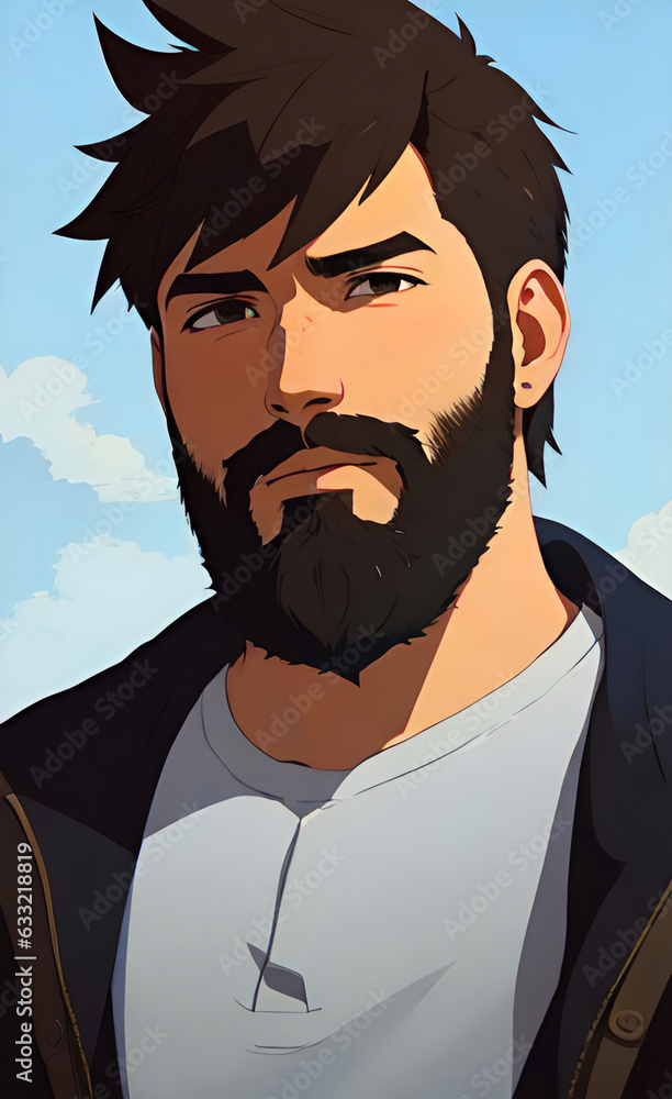 anime male man with black beard, manga anime character, japanese ...
