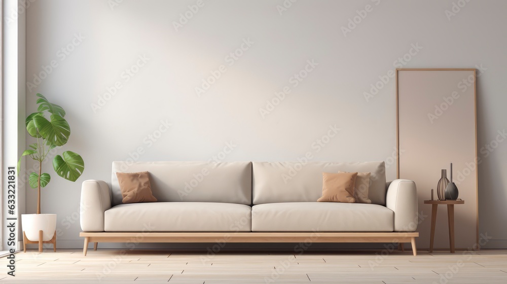 Clean minimalist sofa, with a background on the wall with volumetric ...