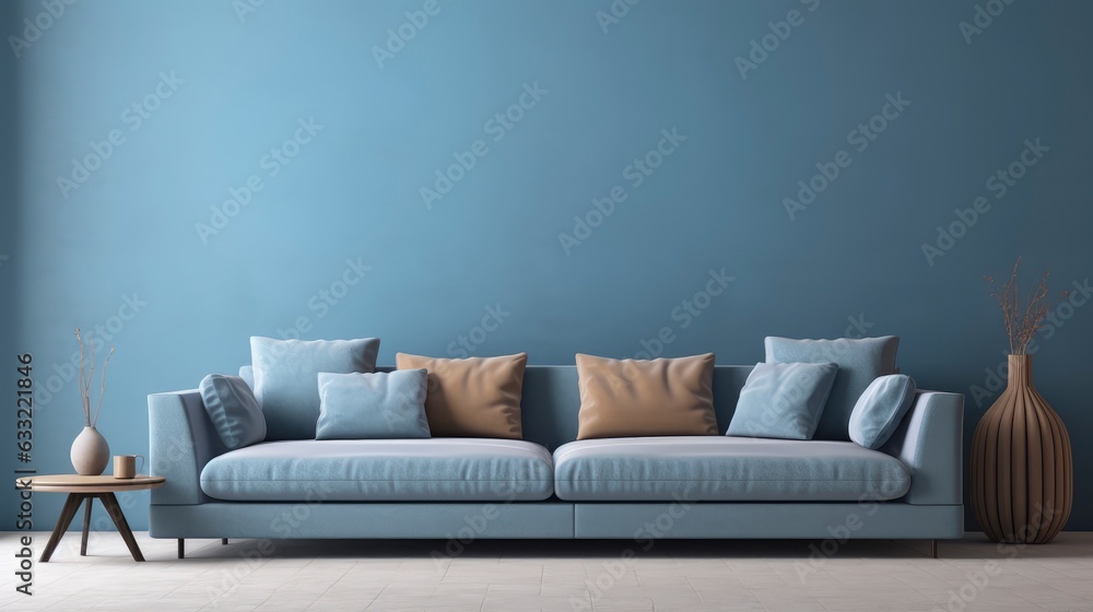 Clean minimalist sofa, with a background on the wall with volumetric ...