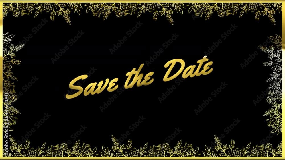 Save The Date Floral Golden Frame Text, (Black Background) 4K ...