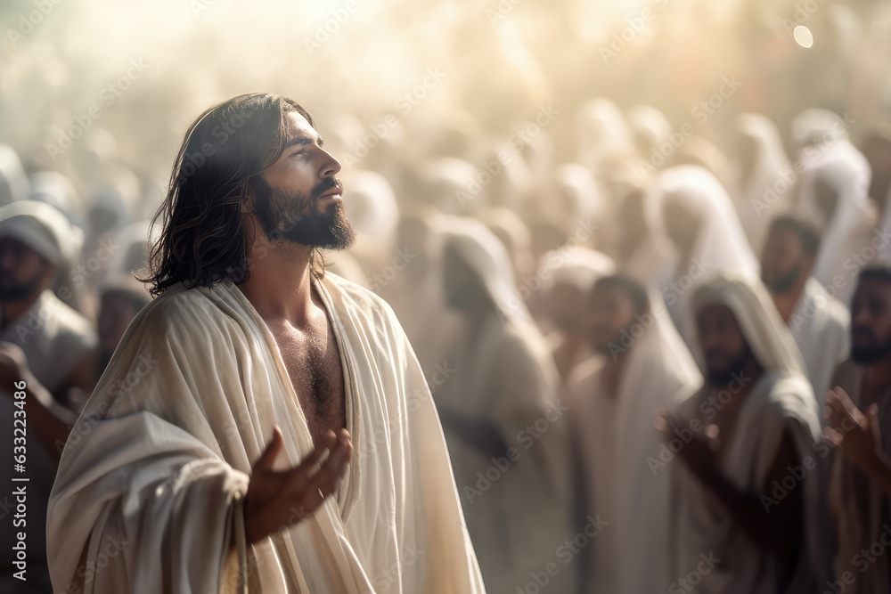 jesus christ in white clothes and loving peaceful, blurry light rays in ...