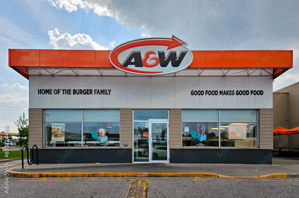 TORONTO, CANADA-AUGUST 09, 2023: Front view of A&W fast food restaurant ...