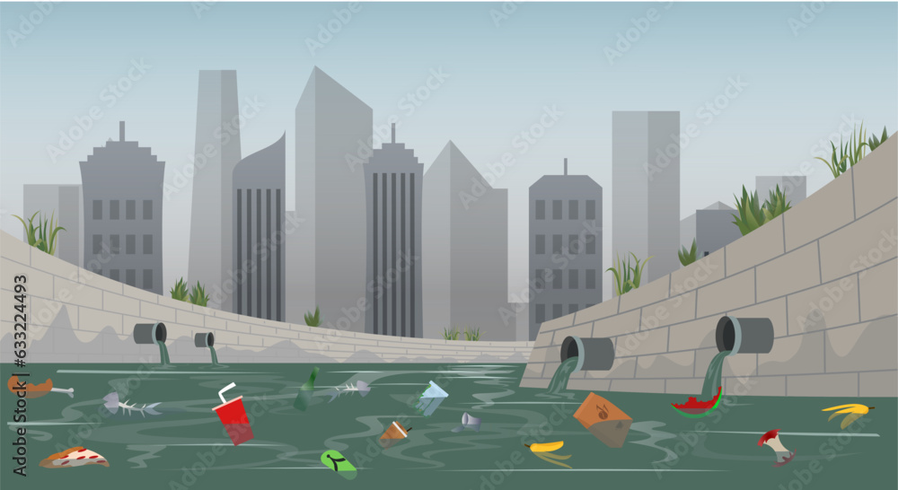 river water pollution in the middle of the city vector illustration ...