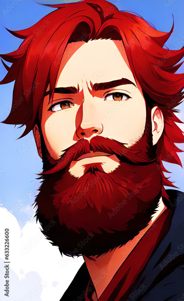 Anime male man with red hair and beard. Red hair anime boy Manga style ...