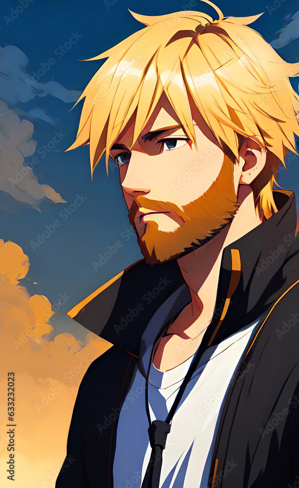 anime male man with beard and blonde hair, manga anime character ...