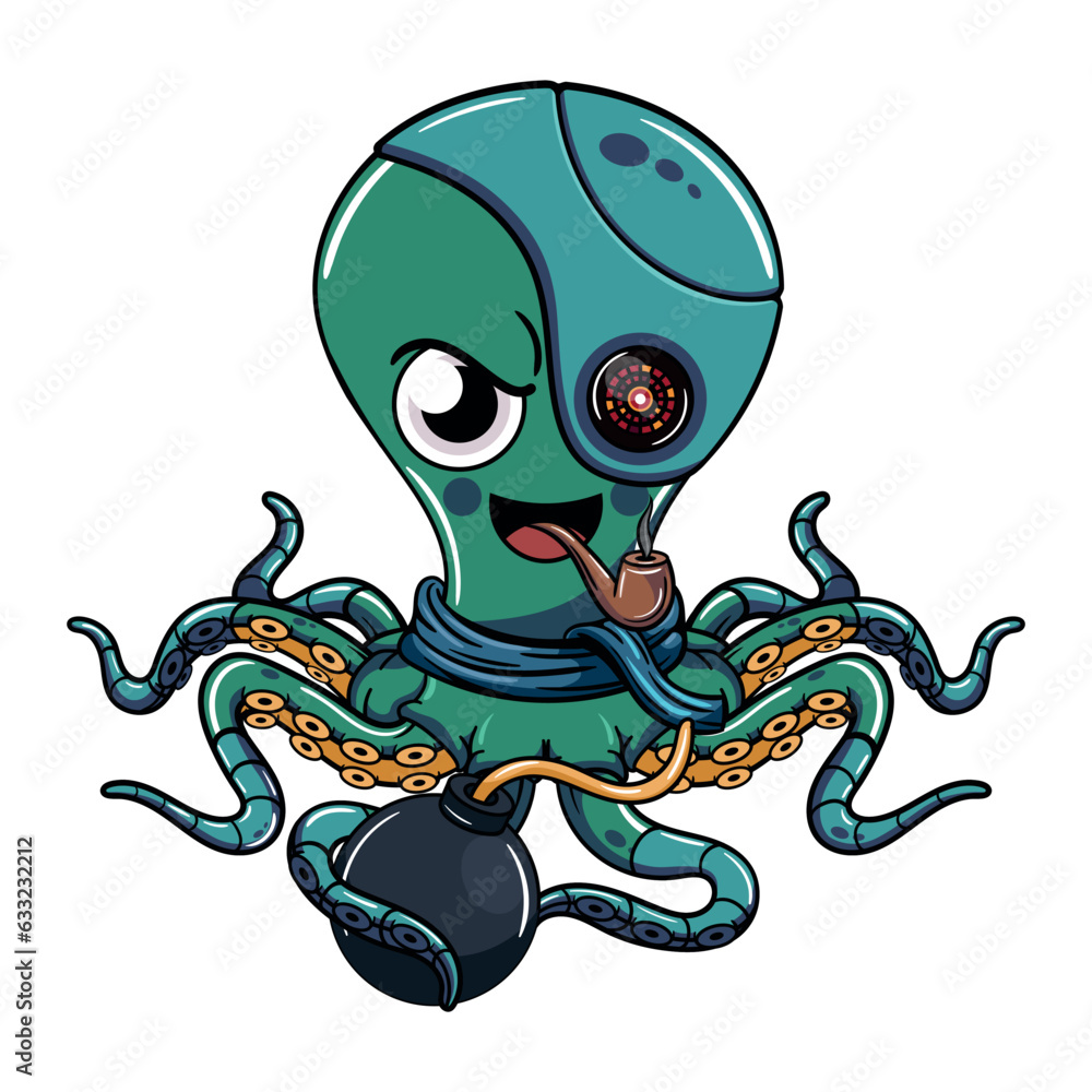 Cartoon evil octopus cyborg character smoking a pipe with a bomb in his ...