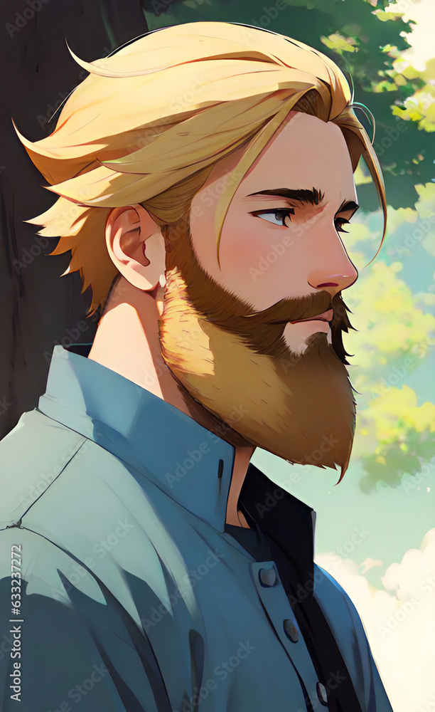Stoic male anime man angel with blonde hair and beard looking straight ...