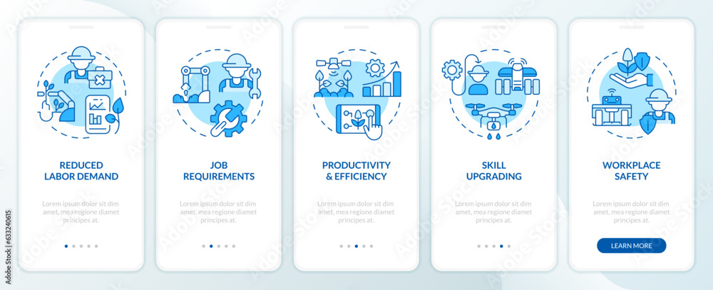 Labor Impacts Of Automated Farming Blue Onboarding Mobile App Screen Walkthrough 5 Steps