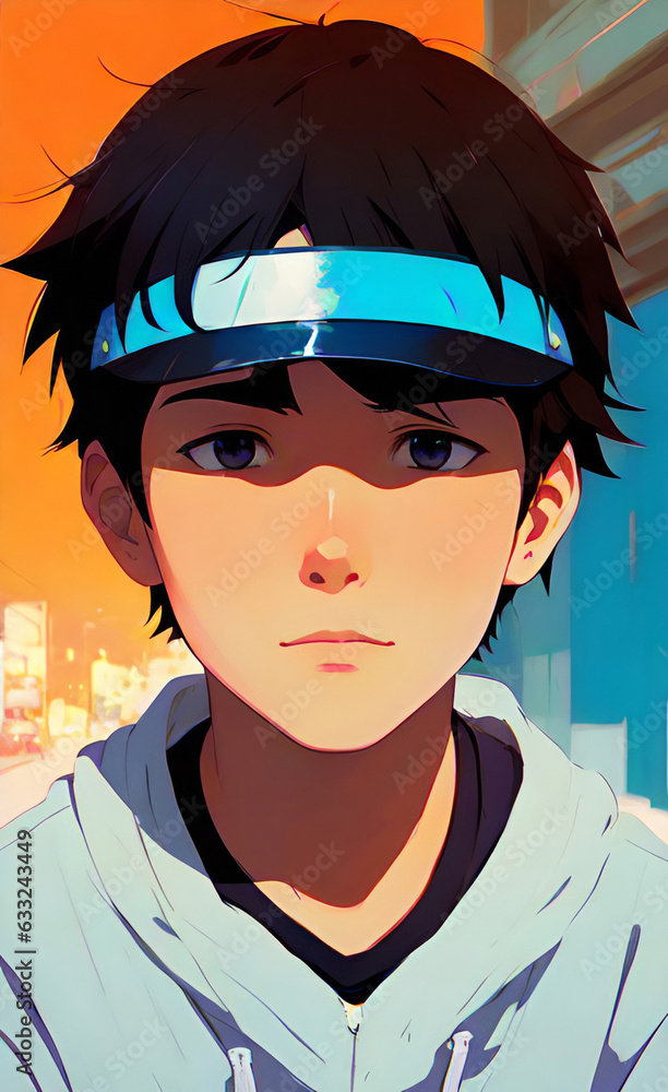 Anime poster. Kawaii winking anime boy face with big eyes in manga ...