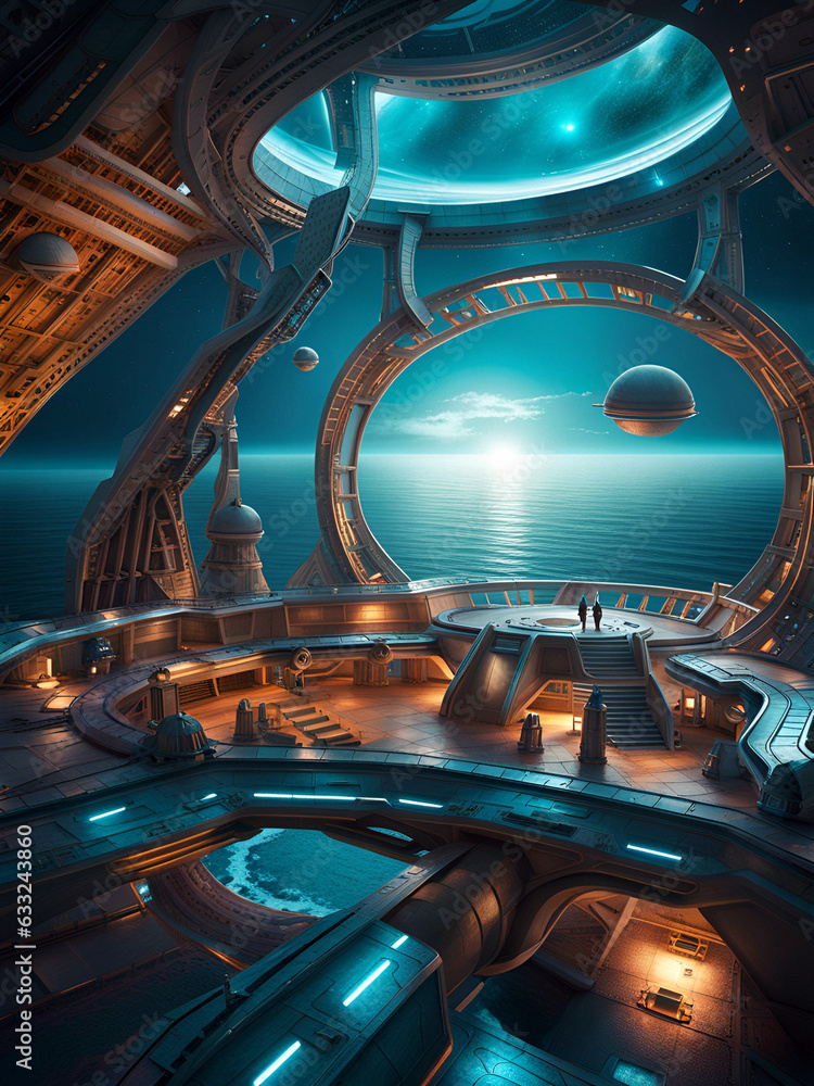 space base on alien planet with mountains, rocks and ocean, generative ...