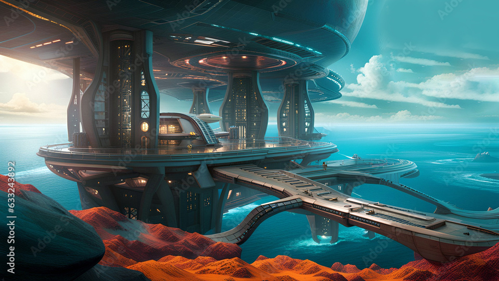 space base on alien planet with mountains, rocks and ocean, generative ...