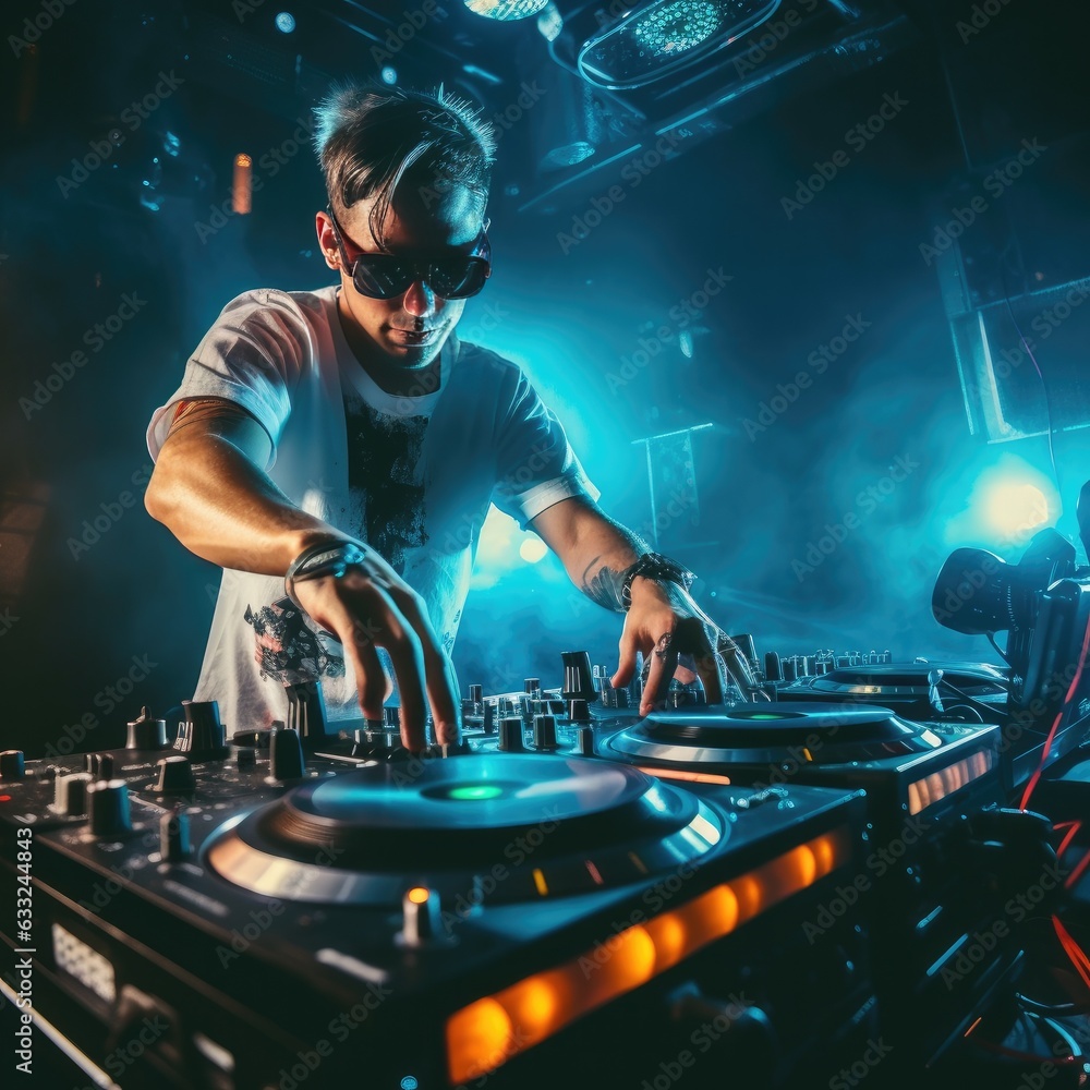 Disc jockey at the turntable. DJ atnightclub during party. EDM, party ...