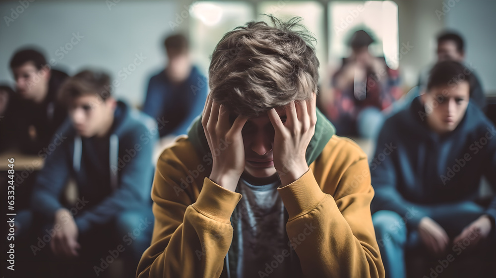 Male student covering his face and crying in class suffering from ...