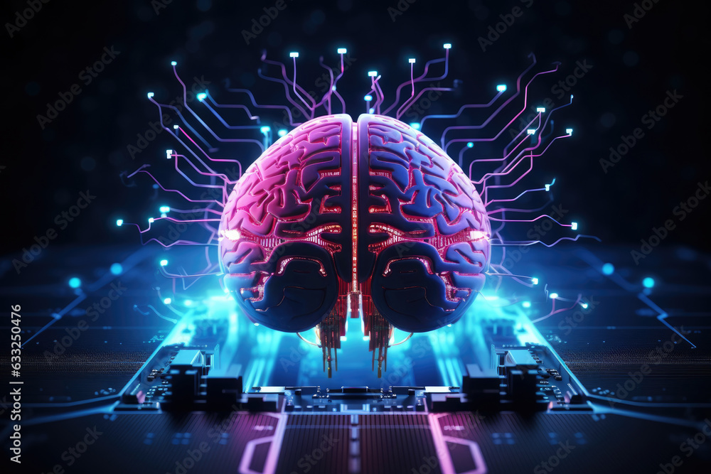 Digital AI electronic brain made from metallic with neon light, neural ...