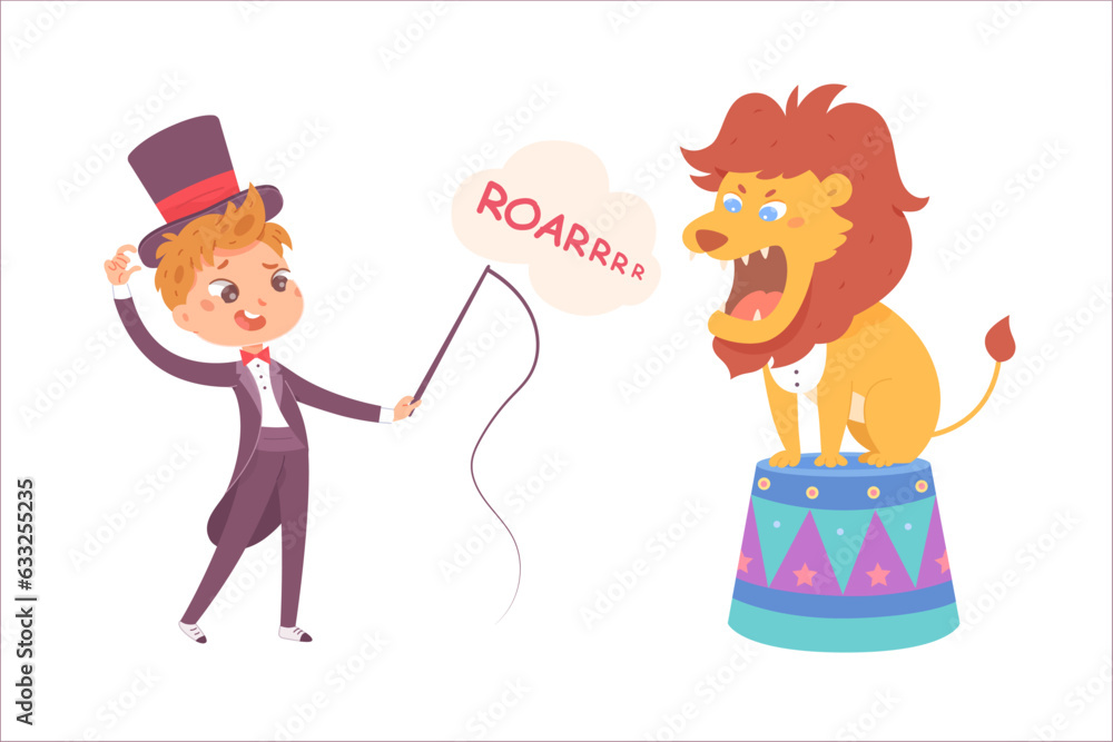 Circus performance with lion and trainer vector illustration. Cartoon ...
