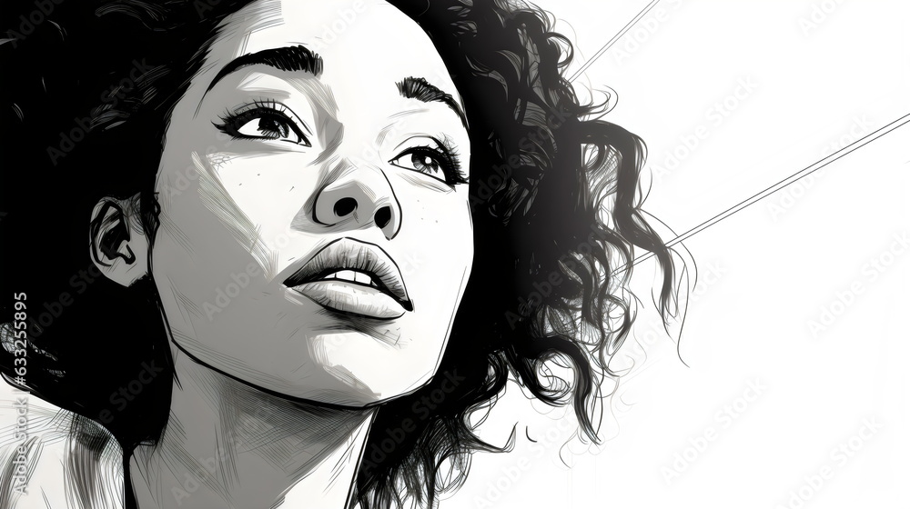 poc woman face close up, black and white marker render concept art with ...