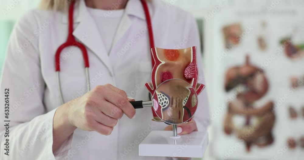 Female Doctor Is Holding Artificial Rectum Model And Magnifying Glass