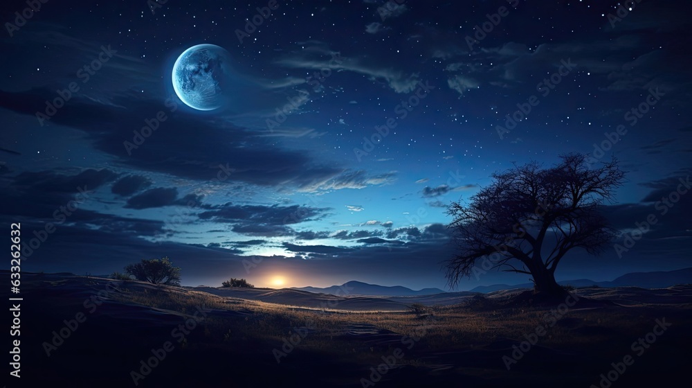 Sublime and peaceful clear night sky, where a delicate crescent moon ...
