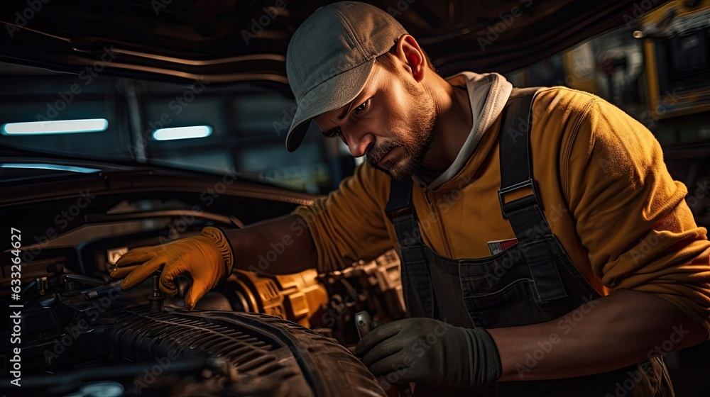 Technician focuses on adjusting the car's timing belt, maintaining the ...