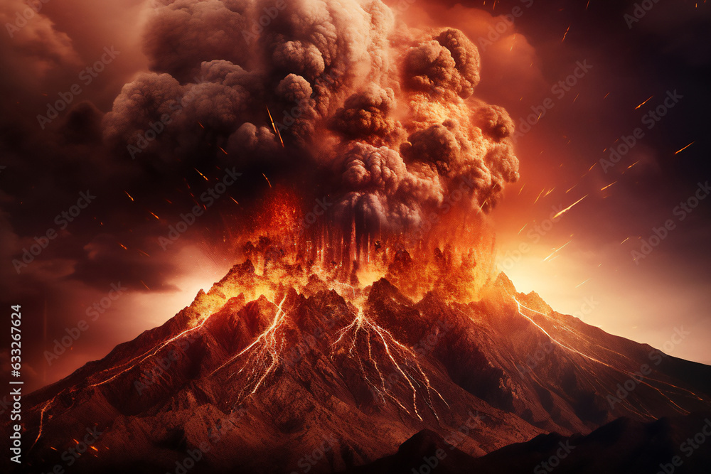 Volcano eruption creating an explosive mix of volcanic ash and molten ...