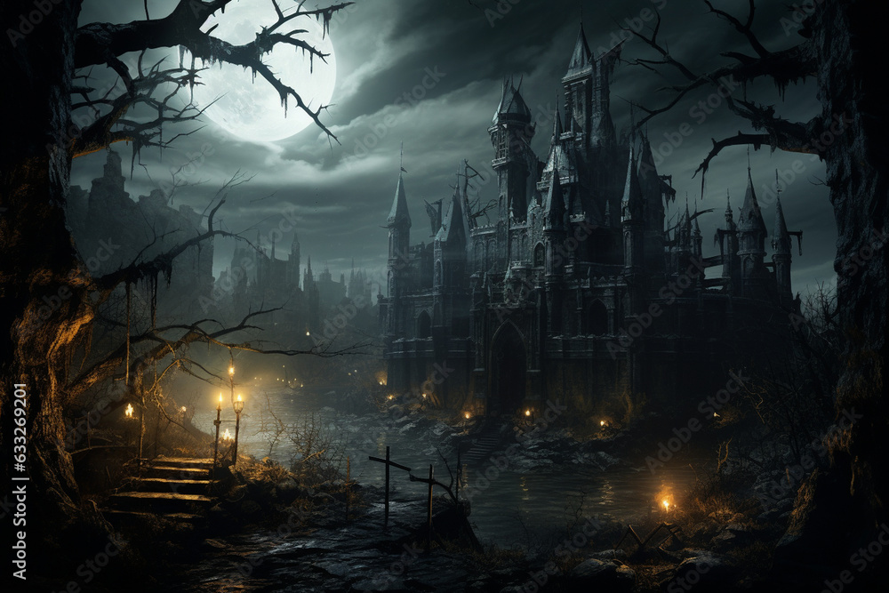 haunting scene of a gothic castle, with a vampire, capturing the ...