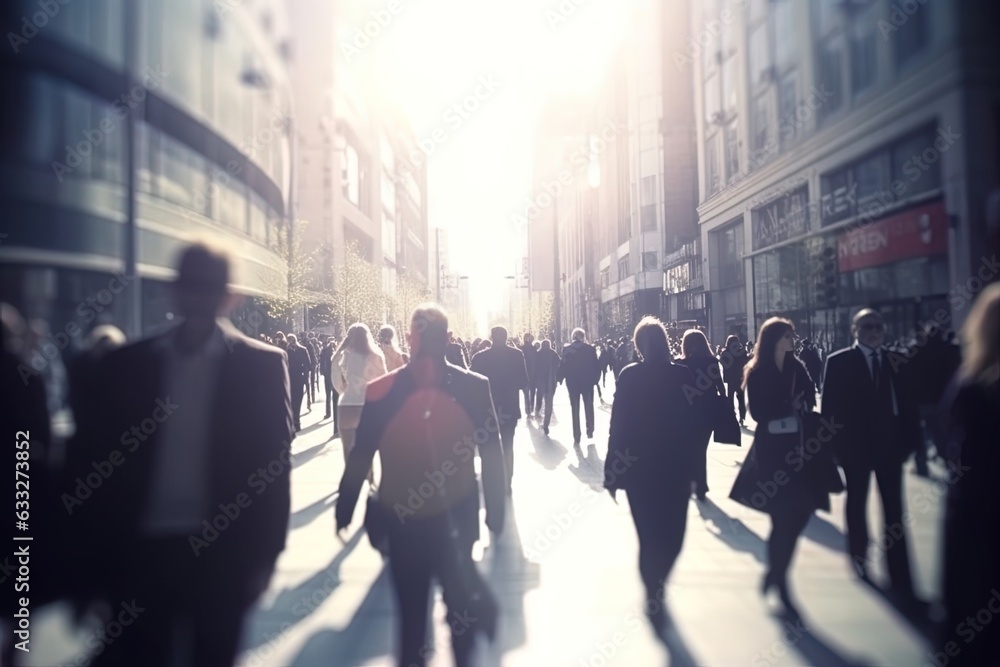 Crowd walking down an urban sidewalk with bright glowing sunlight in ...