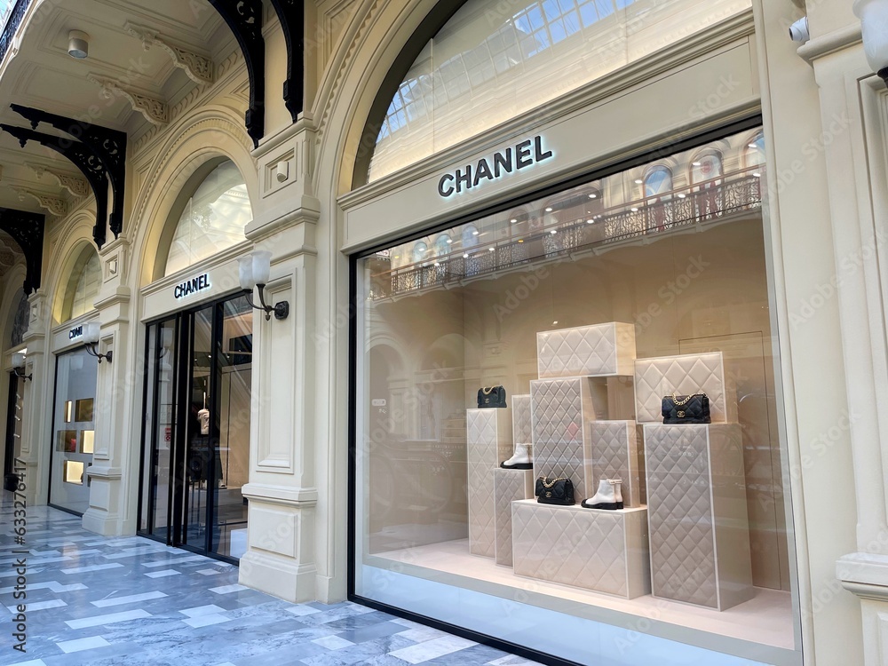 Entrance and showcase with latest collection of Chanel fashion house ...