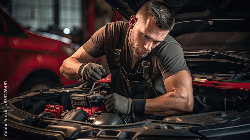 Auto technician focusing on checking and replacing the car's spark ...