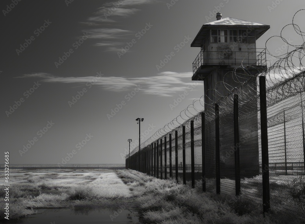 Prison watchtower protected by wire of prison fence.White prison wall ...