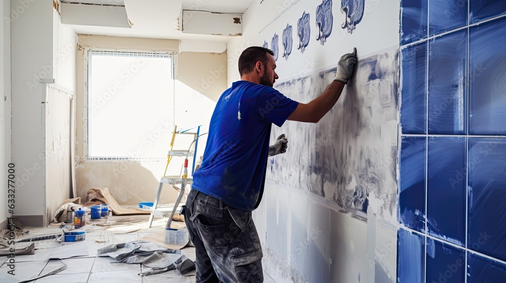 Builders meticulously installing ceramic tiles in a bathroom ...