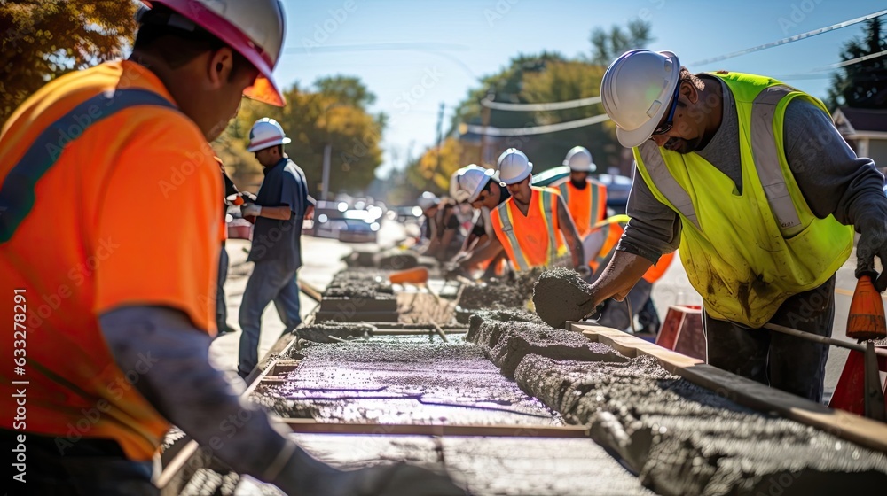 Construction workers as they methodically pour and finish a concrete ...