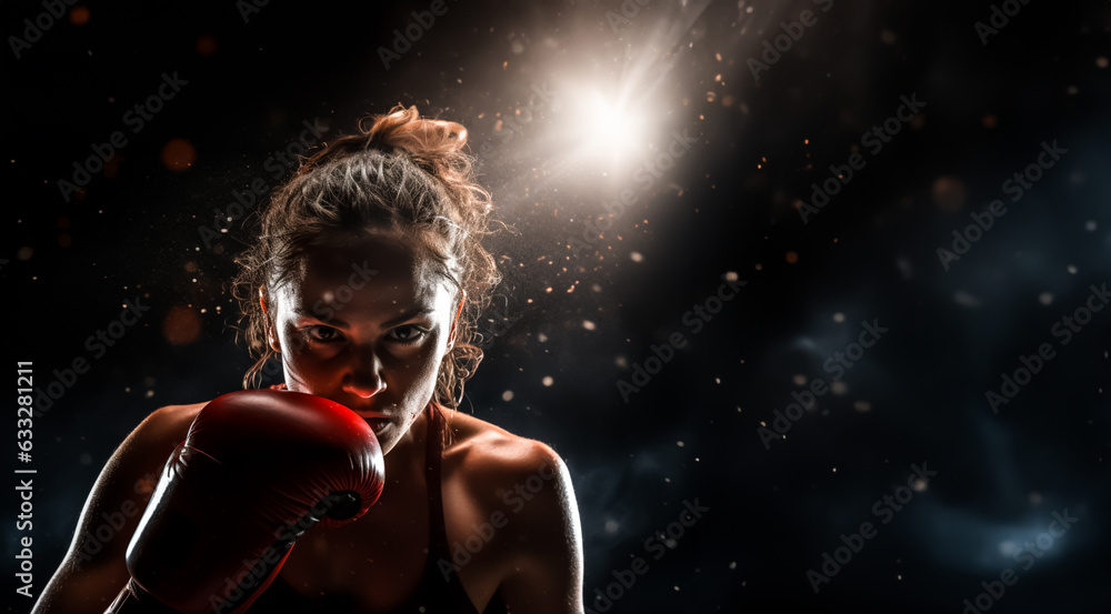 Female Boxer standing in pose and ready to fight. Dark dramatic stadium ...
