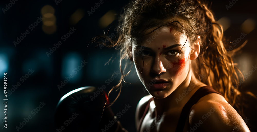 Female Boxer standing in pose and ready to fight. Dark dramatic stadium ...